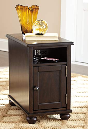 Signature Design by Ashley Barilanni Traditional Chair Side End Table with 1 Storage Cubby, 2 Fixed Shelves, 2 USB Ports & Outlets, Dark Brown