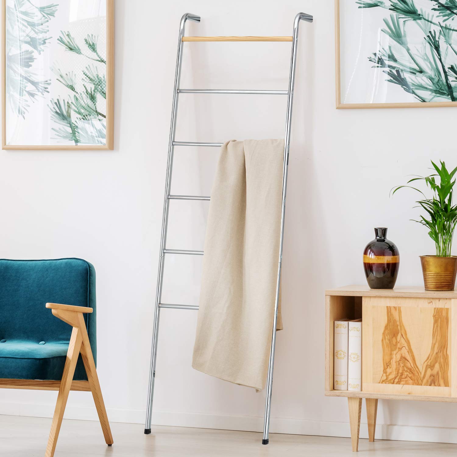MyGift 6 Rung Silver Chrome Plated Metal Wall Leaning Bath Towel Storage Ladder, Freestanding Bathroom Drying Rack for Towels with Top and Bottom Non Slip Rubber Feet