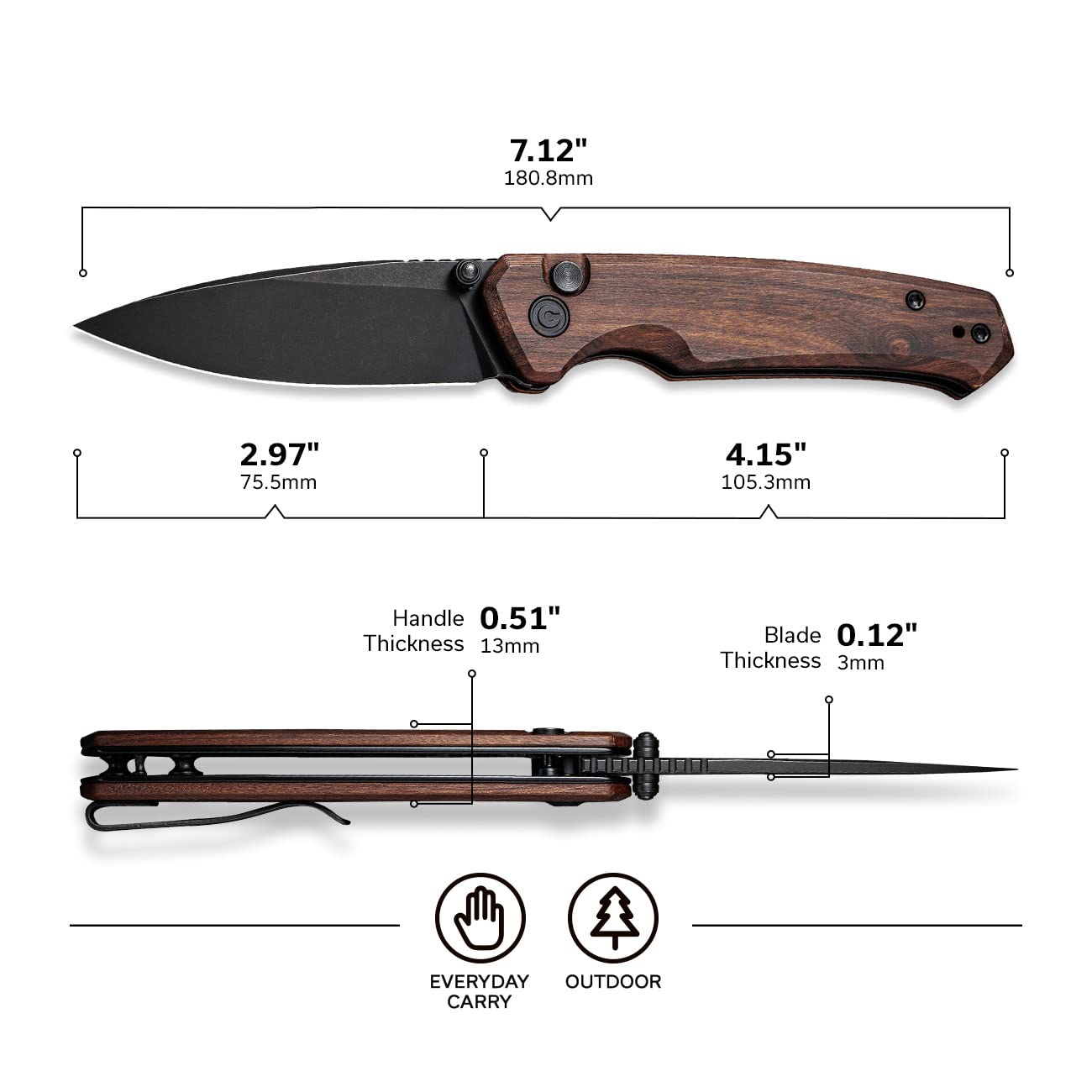 CIVIVI Altus Pocket Folding Knife with Button Lock and Thumb Stud Opener, 2.97" Nitro-V Black Stonewashed Blade Cuibourtia Wood Handle C20076-3
