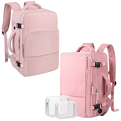 Large Travel Backpack (2 Pieces Pink & Pink) as Person Item Flight Approved, 35L or 40L Carry On Backpack, 16 Inch or 17 Inch Laptop Backpack, Waterproof Backpack, Durable College Bookbag, Hiking Bag