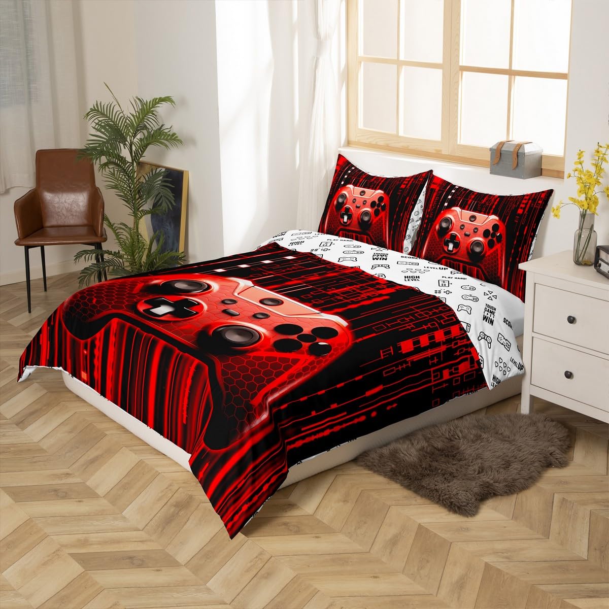 Gaming Gamepad Kids Duvet Cover Set Full Size,Neon Light Geometric Honeycomb Hexagon Bedding Set,Boys Girls Room Decor,Modern Videogames Controller Comforter Cover,Red Quilt Cover,2 Pillowcases