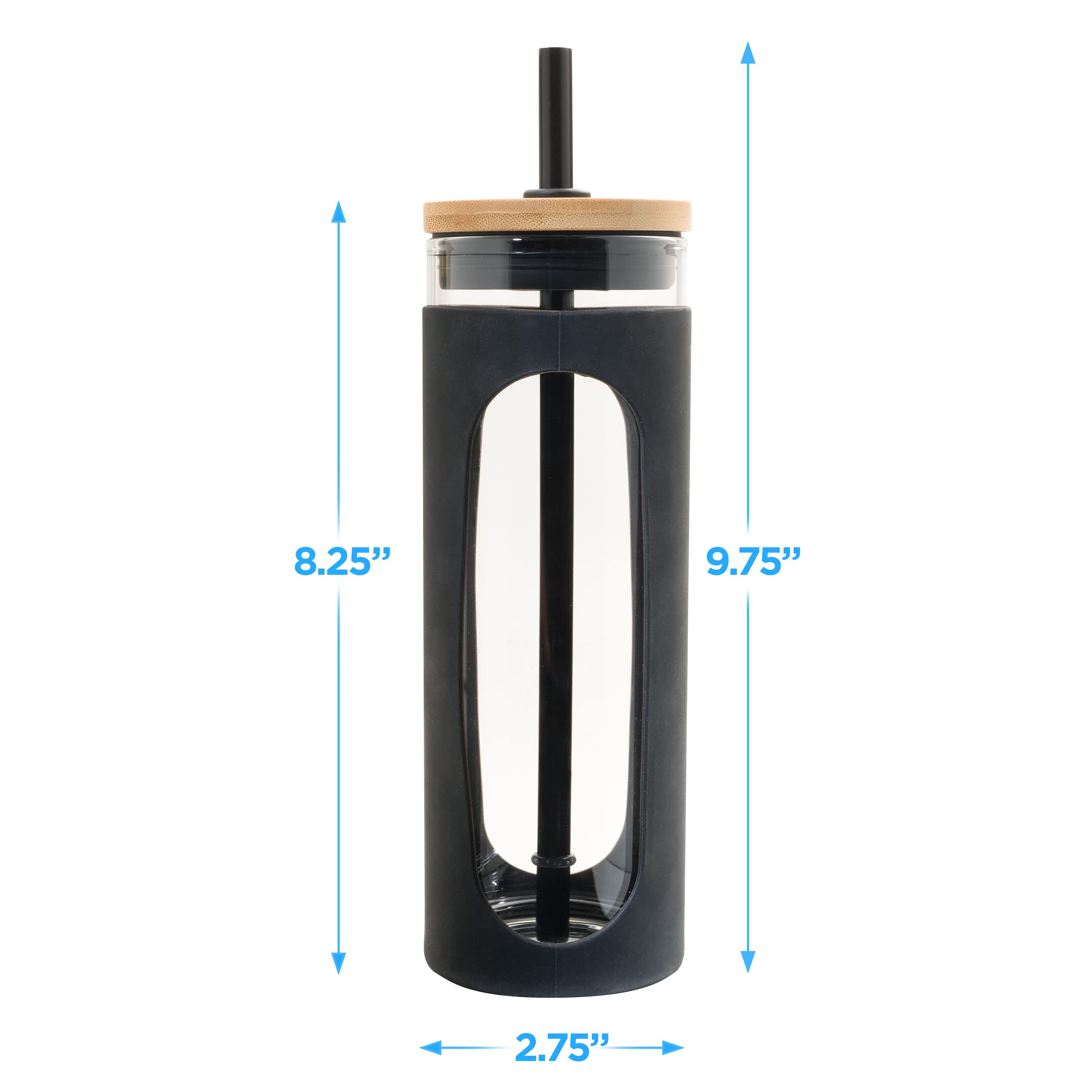 EVY Glass Tumbler 20oz Black Silicone Protective Sleeve Bamboo Lid with Straw for Iced Coffee, Smoothies, and Water Bottle Reusable Cup BPA Free The Original
