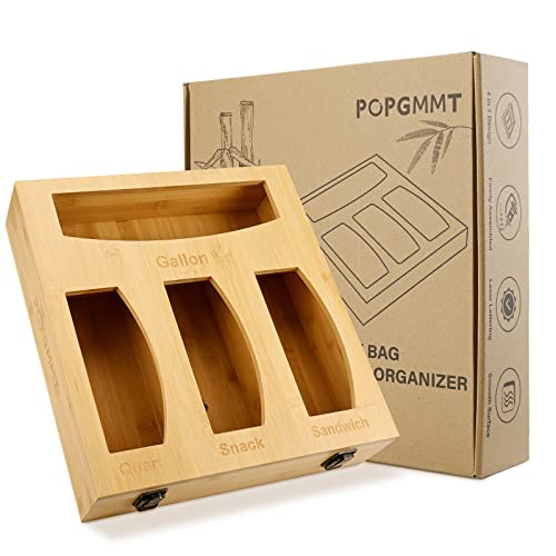Ziplock Bag Storage Organizer, Bamboo Baggie Organizer for Drawer, Kitchen Food Storage Bag Holder Dispenser, Plastic Sandwich Bag Container Wall Mount Wrap Dispenser for Gallon, Quart, Snack, Candy