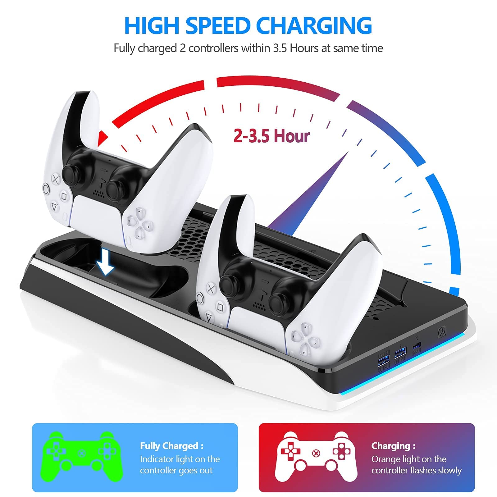 CYBERMIX PS5 Vertical Stand with Cooling Fans and Dual Controller Charger Station Compatible with Playstation 5 Disc & Digital Editions, Built-in 12 Game Storage, White+Black