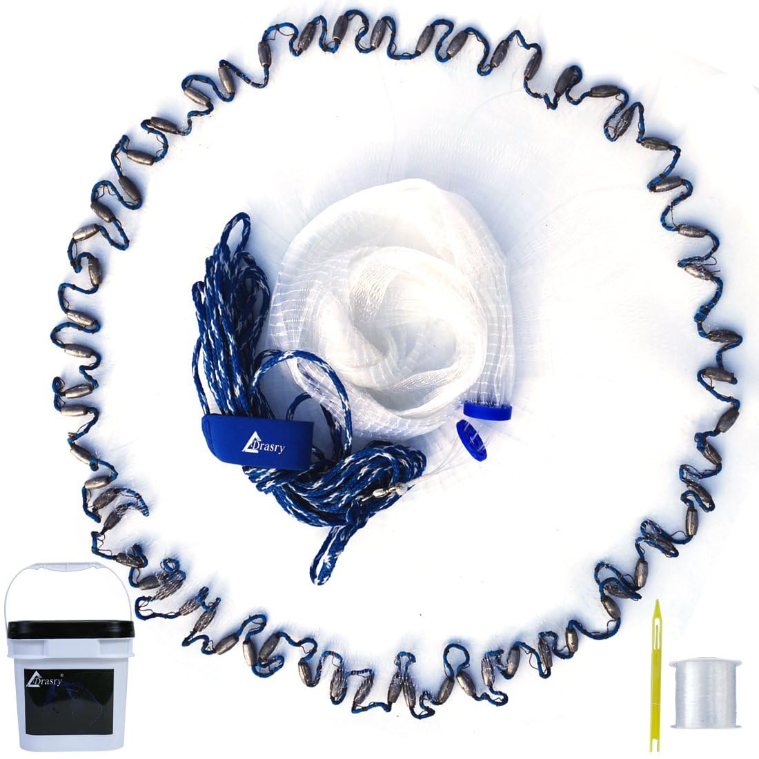 Drasry Fishing Cast Net with Heavily sinkers for Saltwater Freshwater Bait Trap Throw Net. Size 4ft to 10ft Radius (Tire line, 5FT /150cm Radius)