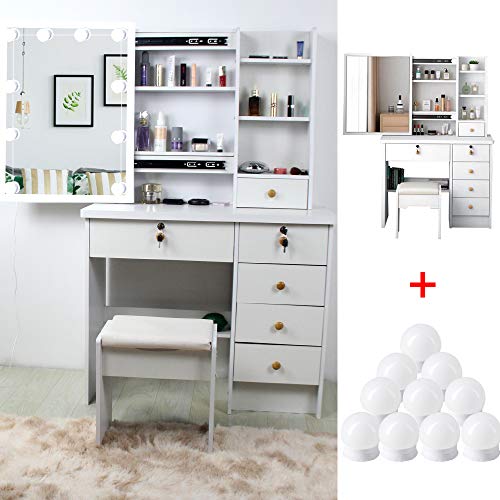 saicheng Vanity Desk with Mirror and Lights-3 Color and Brightness Adjustable, Vanity Set with Drawers and Chair, White Makeup Vanity Table for Girls