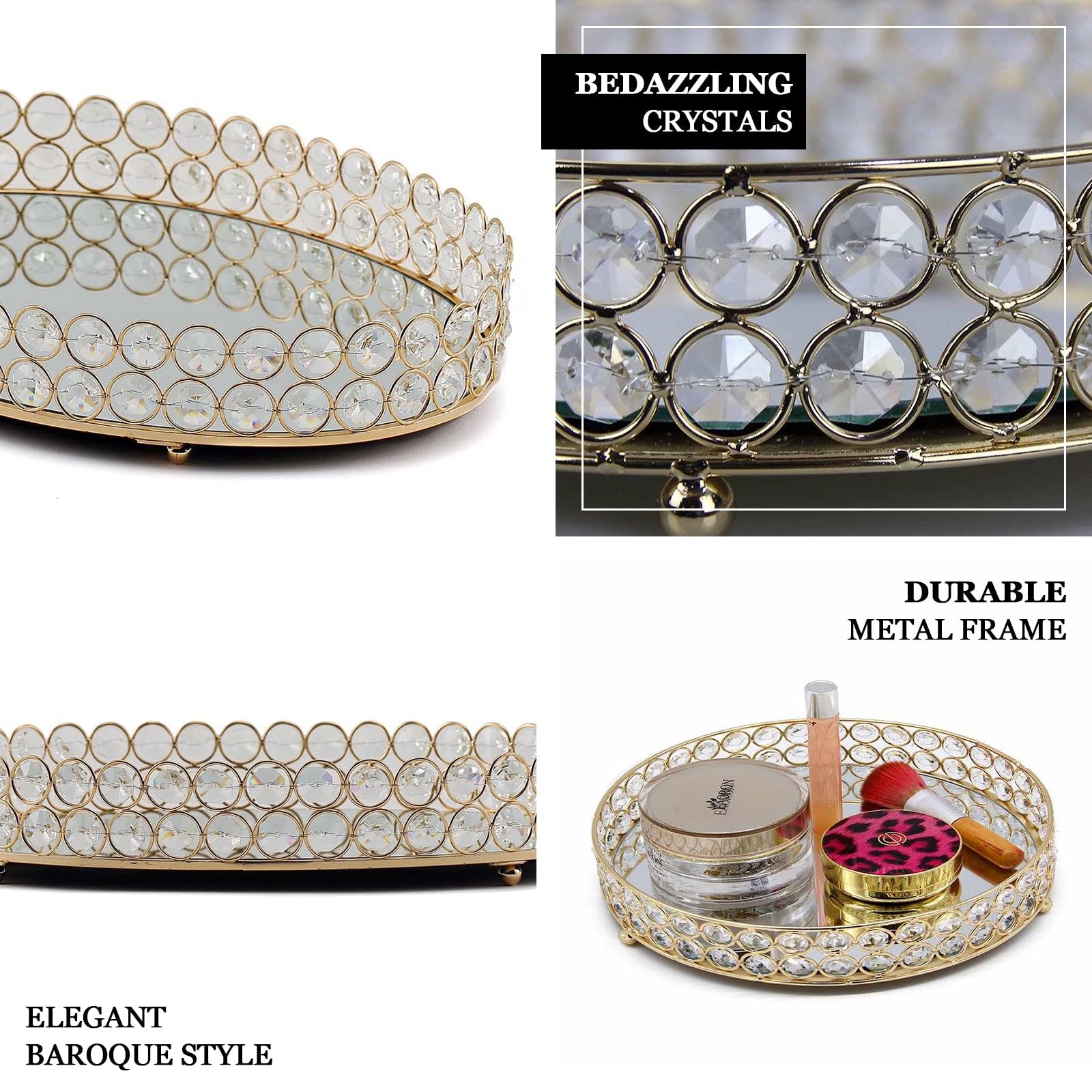 Efavormart 16" x 12" Gold Metal Crystal Beaded Decorative Serving Tray Oval Mirror Tray for Wedding Birthday Party