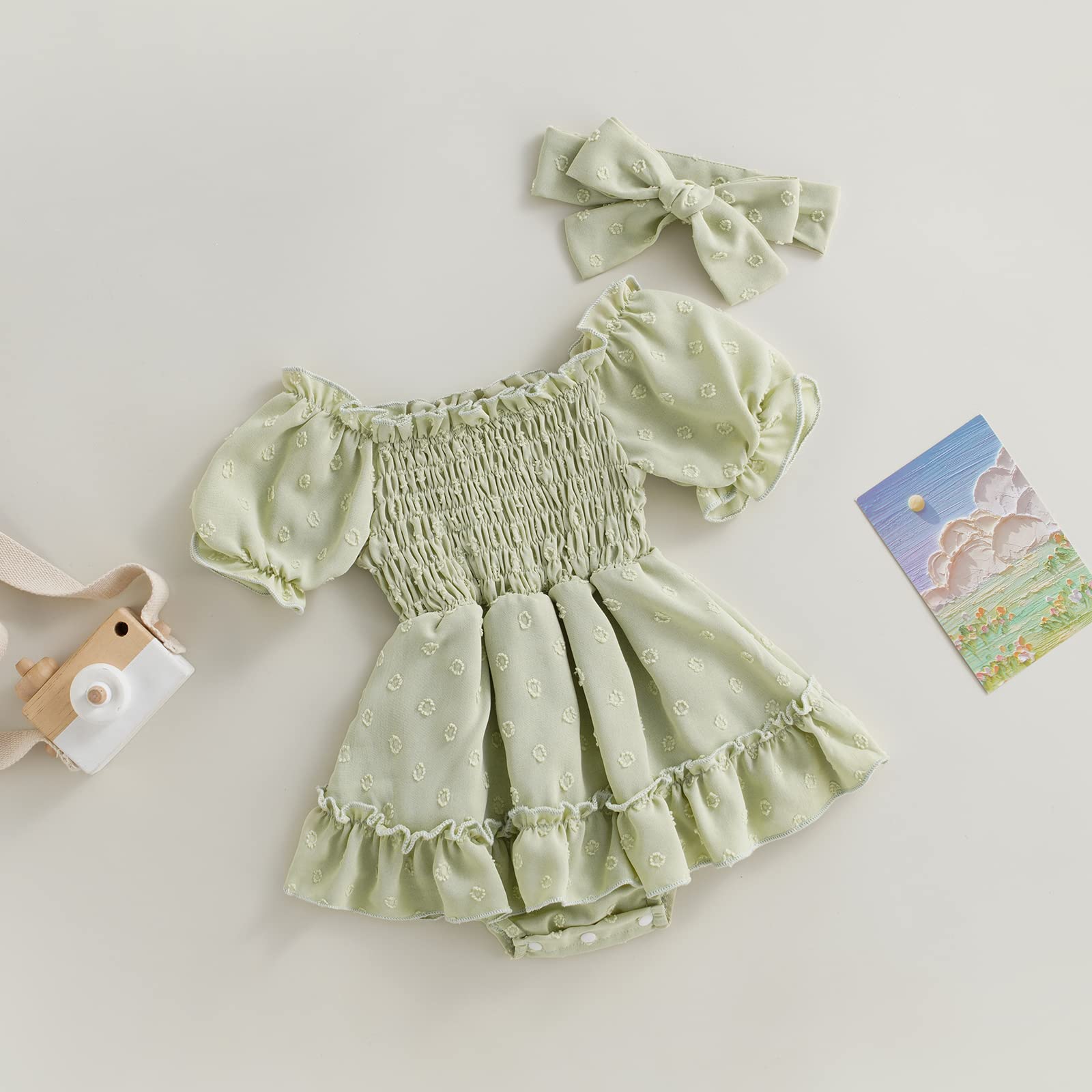 Infant Baby Girls Romper Dress Dot Pattern Short Sleeve Ruched Jumpsuits Skirts Hem Bodysuits Headband (Green dots, 0-6 Months)