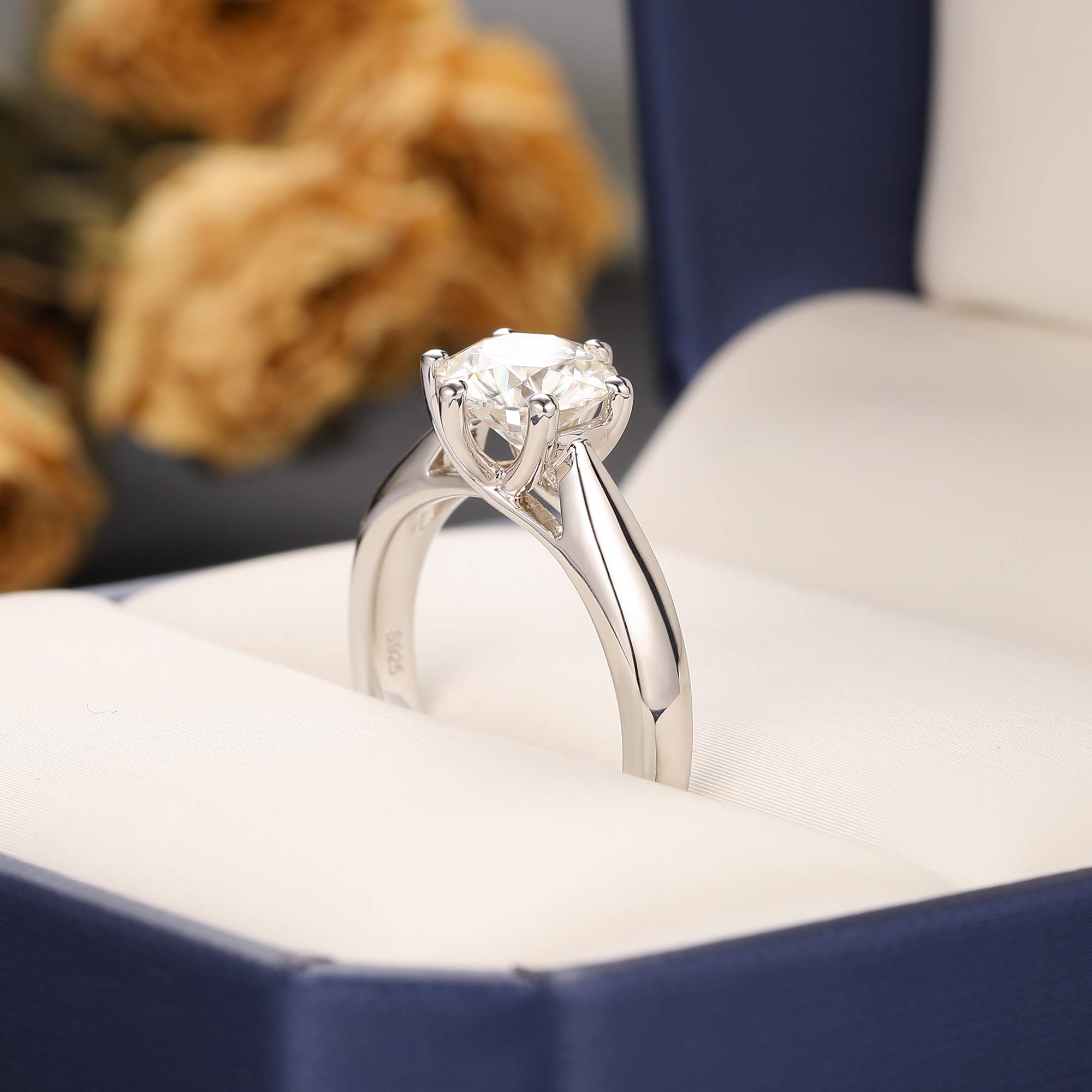 Esdomera Solitaire 6 Prongs 2.00ct Round Cut 8mm Moissanite Women's Engagement Ring in Platinum Plated Sterling Silver Proposal Ring (5.5)