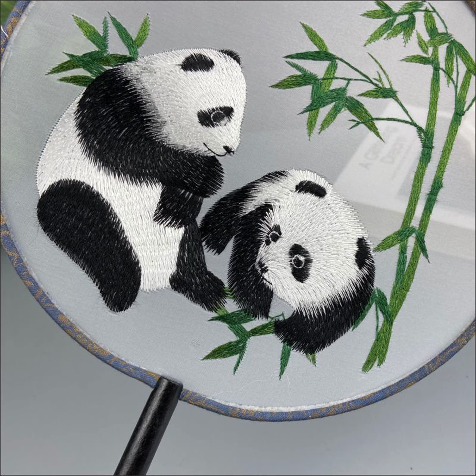 ERTUO Embroidered Long Handle Hand Fan Panda Embroidered Round Fan Semi-Transparent Retro Hanfu Dance Cheongsam Chinese Style Classical Fan
