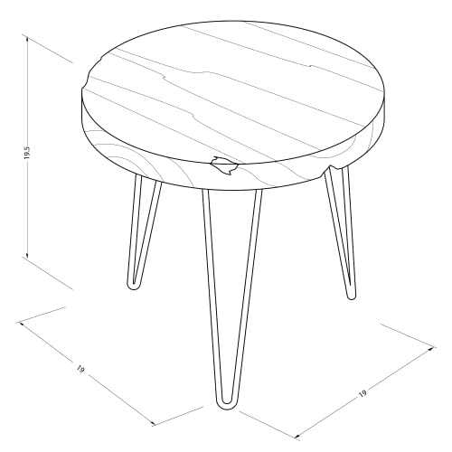 HEFT Solid Teak Wood Round Side Table - Handcrafted Circle Coffee Table for Living Room, Bedside, Office - Modern Accent Furniture with Lichtenberg Patterns - Black Metal Frame & Legs - Large