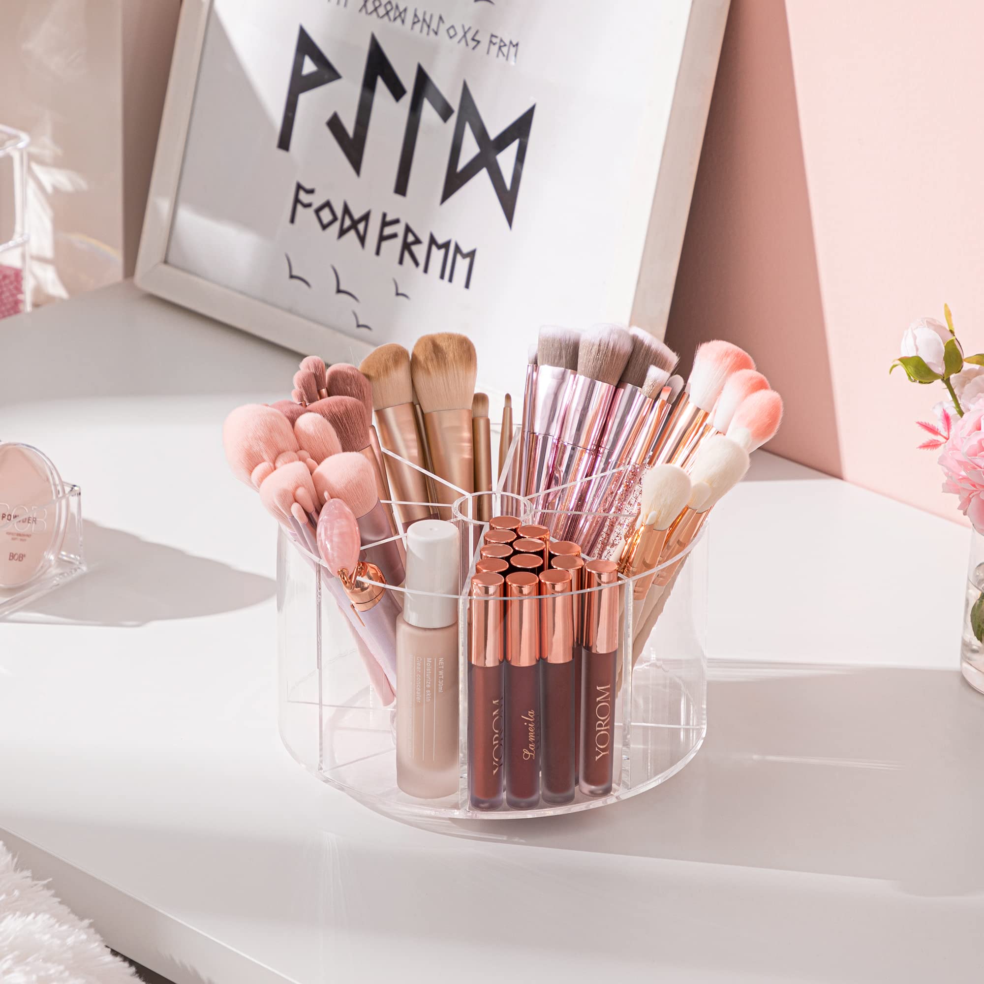 HBlife Clear 360 Rotating Makeup Brush Holder Organizer, 8.26 x 8.26 x 4.48 Inches Acrylic Makeup Organizer with 8 Compartments