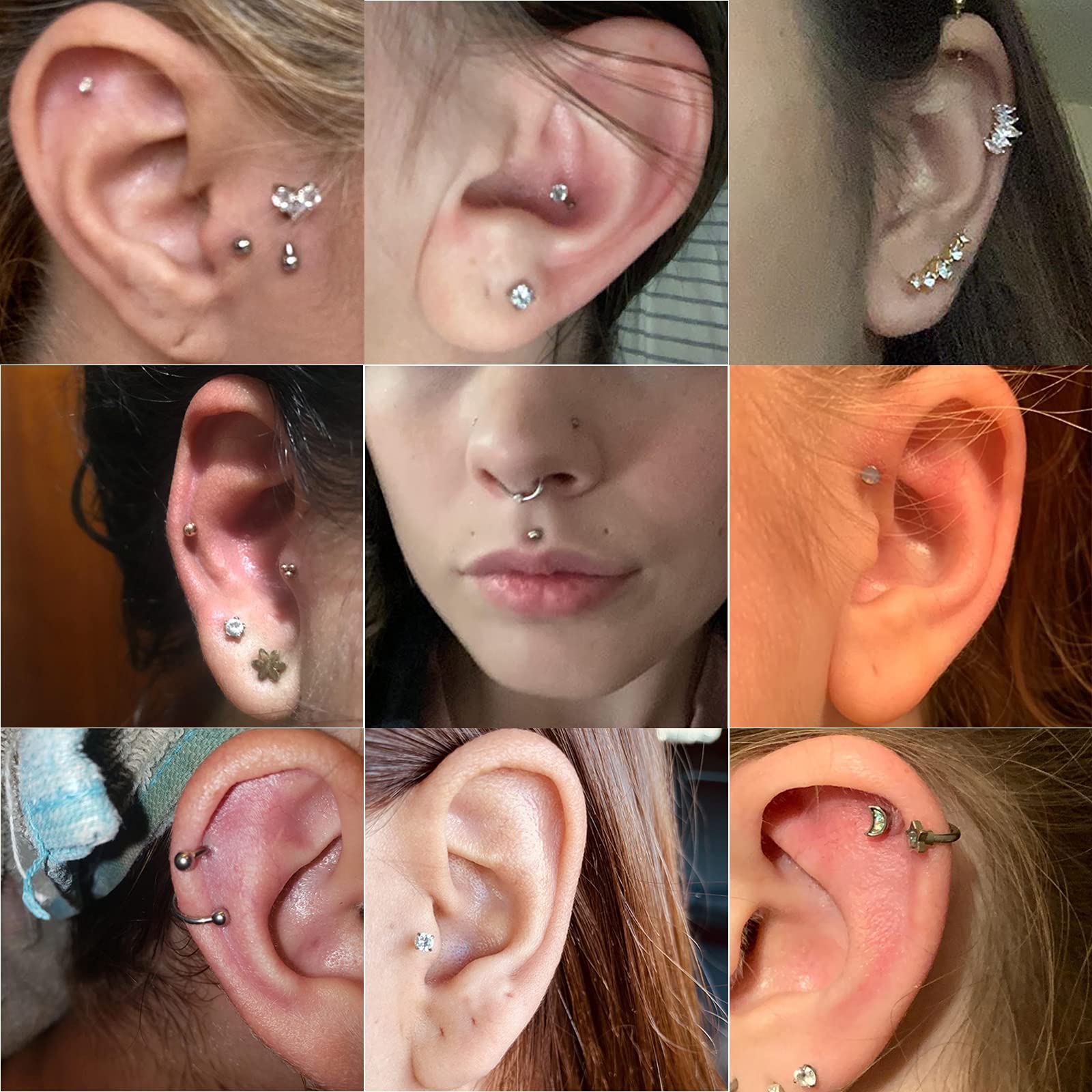 Drperfect 16G Cartilage Earring Stud Hoop for Women Men Stainless Steel Forward Helix Piercing Jewelry Lip Ring Rook Daith Conch Tragus Earring Set