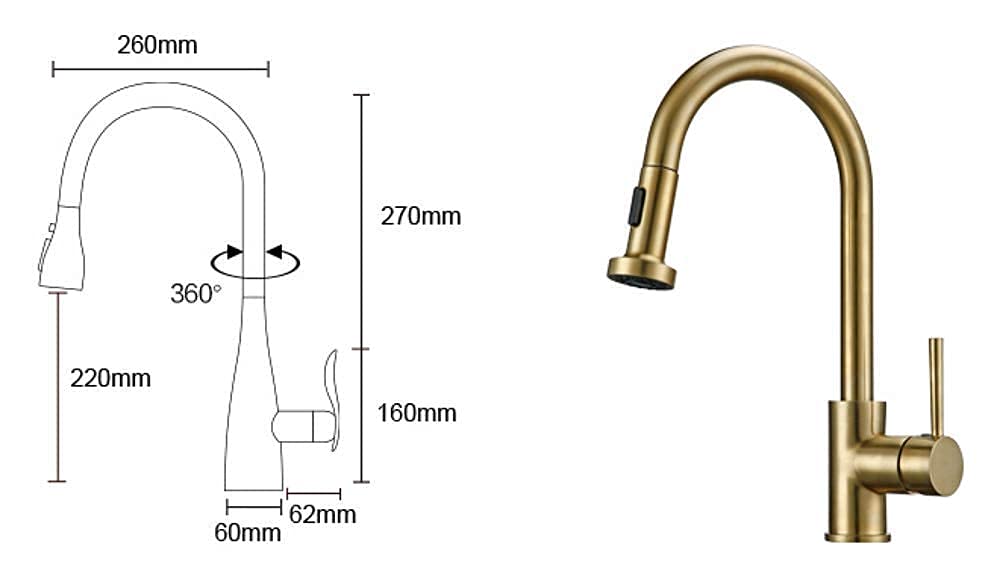 Extendable Kitchen Faucet Gold Faucet Kitchen with Pull-Out Spray Shower Sink Mixer Single Lever Mixer Tap Sink Mixer 360°°Swivel Made of Brass