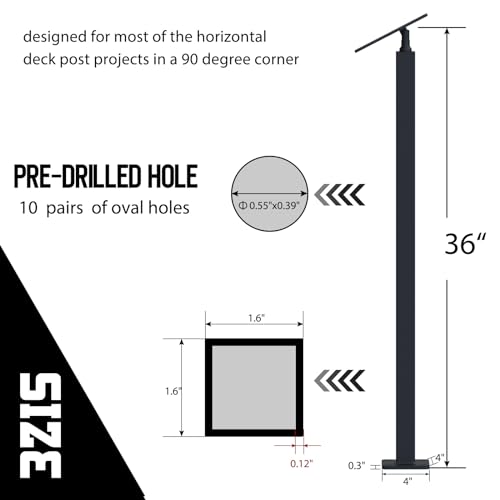 Dawn Railing Slim Cable Railing Post 36"x1.5"x1.5" Middle/End Post 30-40°Adjustable Top Cable Railing Post Black Coating Finishing Surface for Wood Concrete Stair Deck，1 Pack