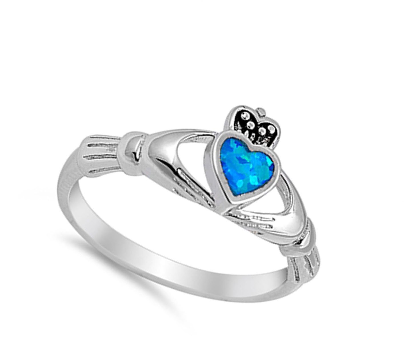 Claddagh Heart Blue Simulated Opal Cute Ring New .925 Sterling Silver Band Size 5
