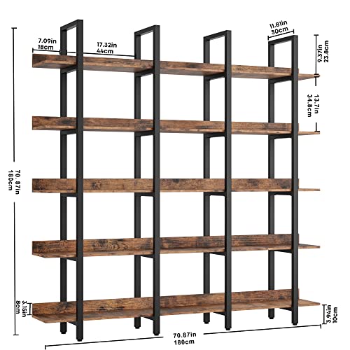IRONCK Industrial Bookshelf and Bookcase 5 Tiers Large Triple Wide Display Shelf with Storage for Living Room Home Office