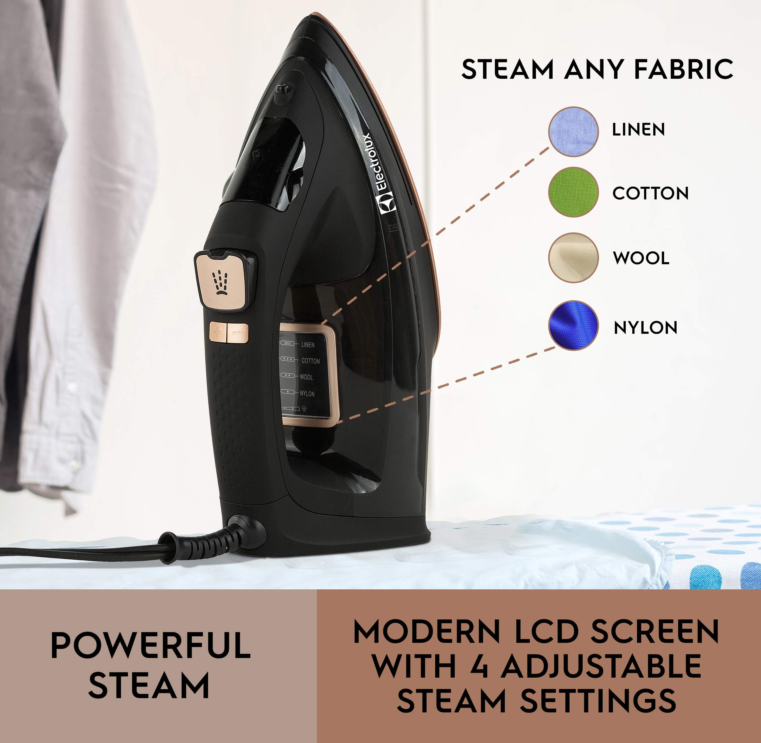 Electrolux SteadySteam Professional Steam Iron for Clothes - Even Heat Nonstick Ceramic Sole Plate, 1650 Watt Continuous Steam, 4 Temperature Settings with LCD Screen.