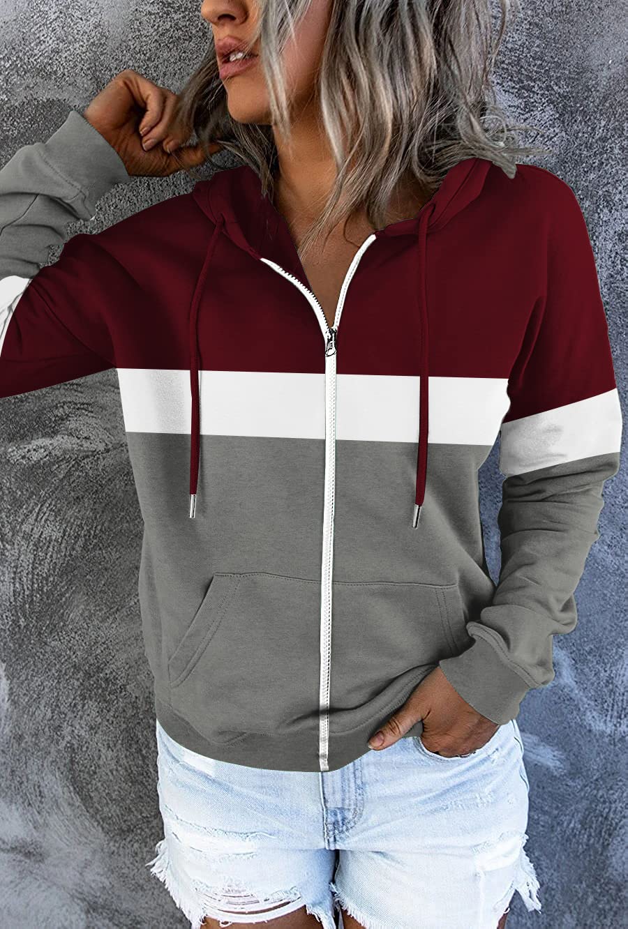 ETCYY Women's Color Block Zip Up Hoodie Sweatshirt Long Sleeve Causal Drawstring Oversized Jacket with Pockets