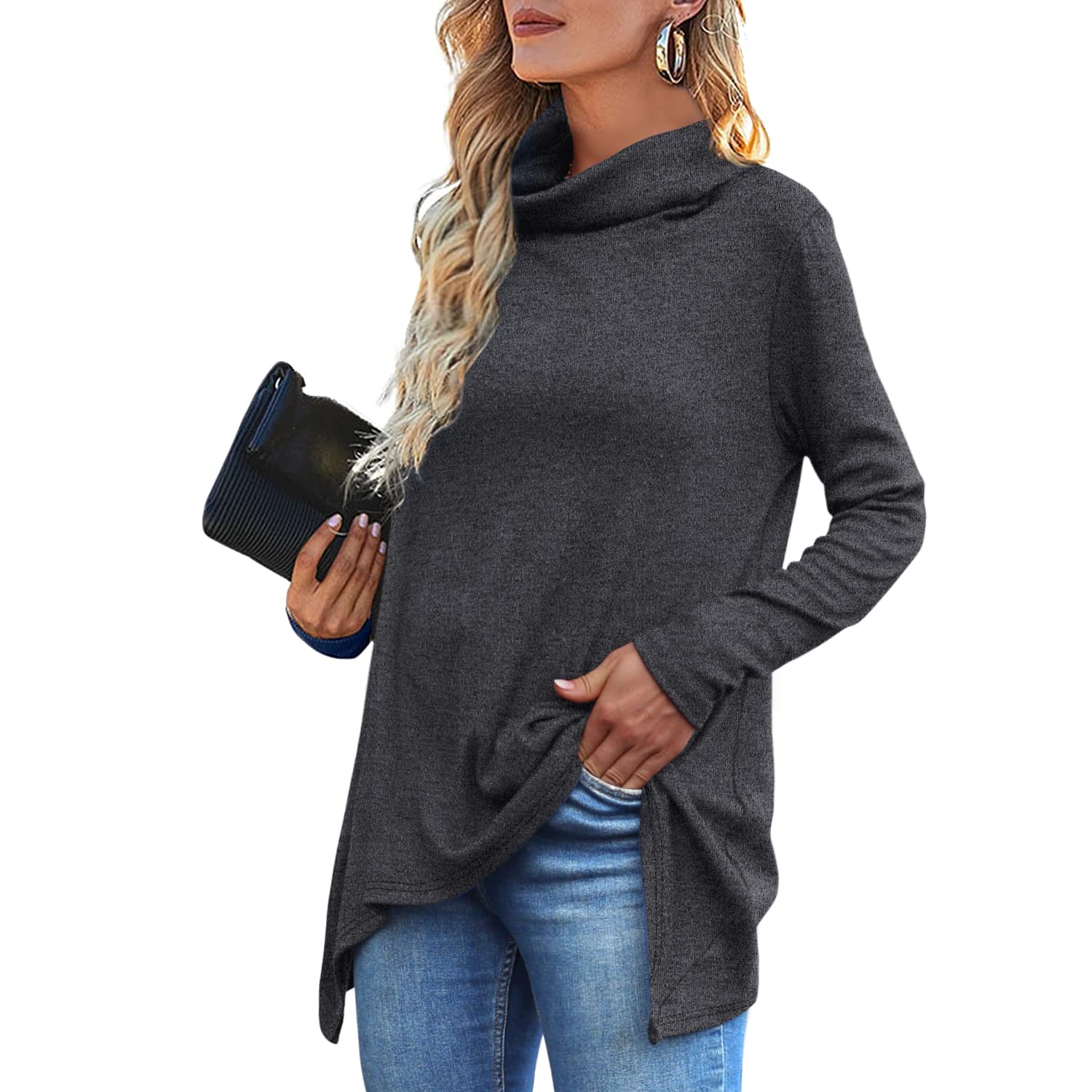 Davenil Cowl Neck Tops For Women Soft Long Sleeve Pullovers Casual Loose Fall Sweatshirts Cute Sweaters with Irregular Hem Dark Gray Size M