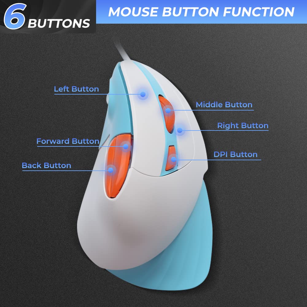 DAREU Vertical Ergonomic 89g Lightweight Optical Mouse, USB Wired RGB Gaming Mouse Reduce Wrist/Hand Strain, 1000/1600/3200/6400 DPI, 6 Buttons for Laptop, Desktop, PC, Mac (White&Blue)