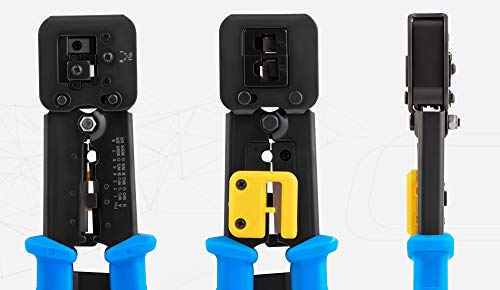 EMS RJ45 Crimp Tool Kit, With 50 Cat6 Pass Through Connectors and 50 Clear Cable Strain Relief Boots + Extra blades - EZ Cut, Strip, Crimp Ethernet Cables