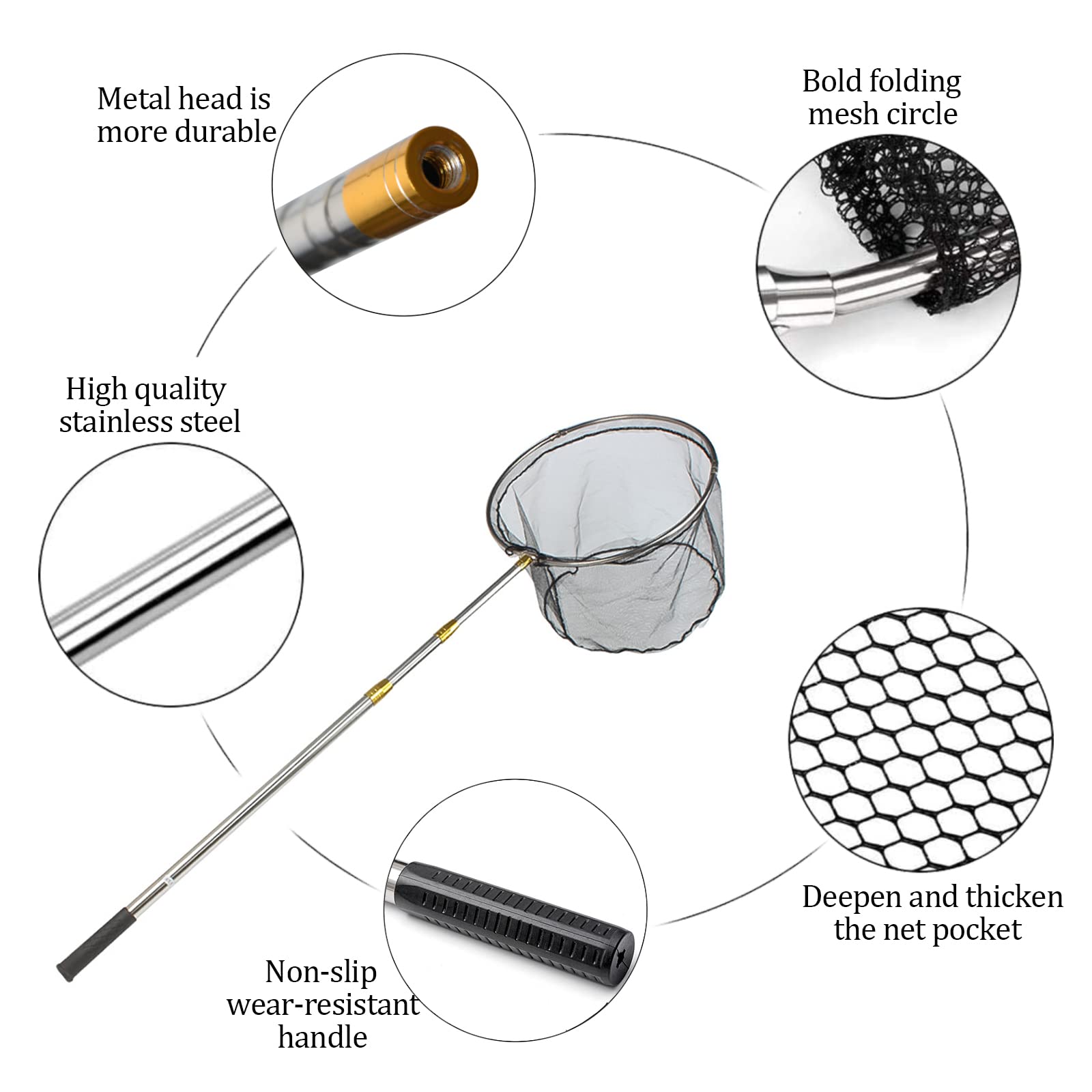 Fishing Landing Net with Aluminum Telescoping Pole Long Handle,Rubber Coated Nylon Mesh,for Steelhead,Salmon,Fly,Kayak,Catfish,Bass,Trout,Crab,Pond,for Easy Catch & Release,Extend to 75 Inches