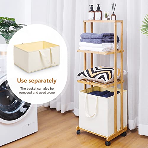 Homde Laundry Basket 3 Tier Bamboo Storage Shelf with Wheels Removable Storage Basket with Handle Freestanding Clothes Hamper Organizer for Bathroom Living Room Bedroom