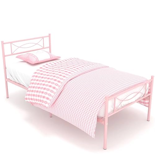 Pink Twin Bed Frame for Girls, Bed Mattress Foundation Support with Headboard and Footboard No Box Spring Need Metal Platform Bed