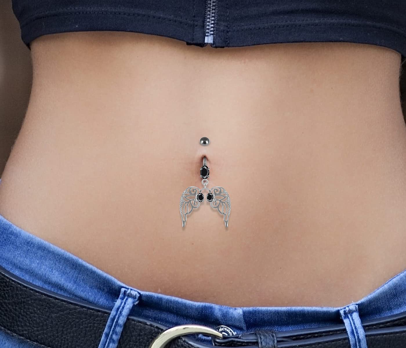 Dark Blue Gemstone Fancy Angel Wings with Floral Dangling Design 925 Sterling Silver with Stainless Steel Belly Button Navel Rings