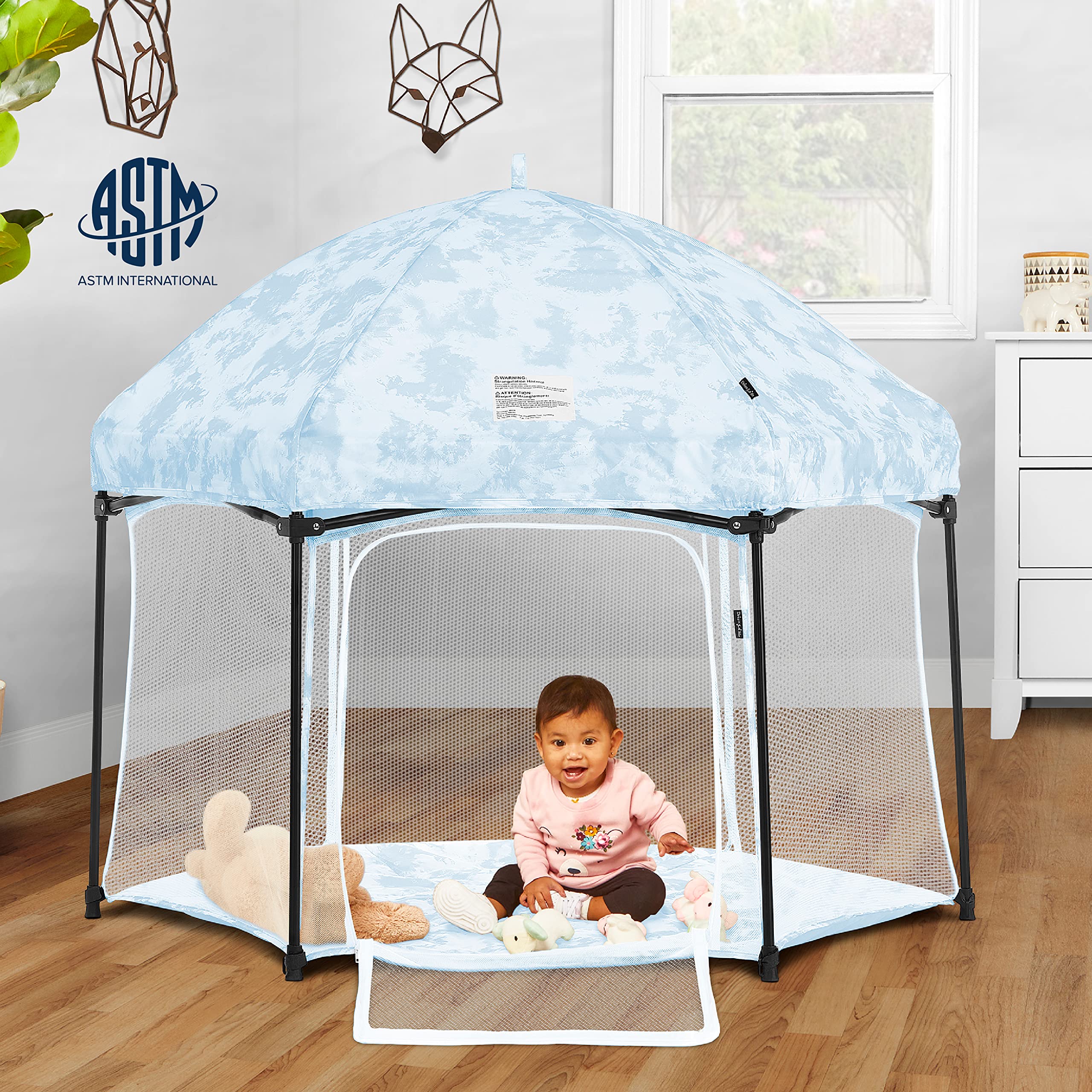 Dream On Me Onyx Playpen Set with Canopy, Sky Blue