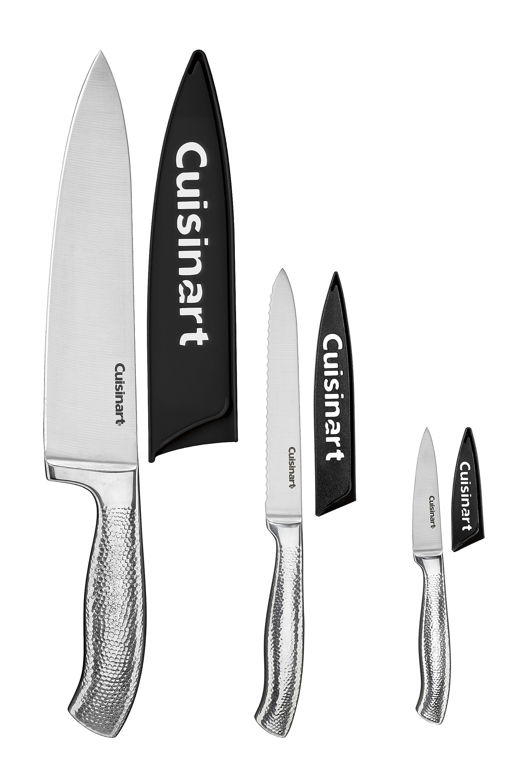 Cuisinart Classic High-Carbon Hammered Stainless Steel Forged Knife Set With Sheath Blade Gaurds (6-Piece Set) 8-Inch Chef's, 5.5-Inch Utility and 3.5-Inch Paring