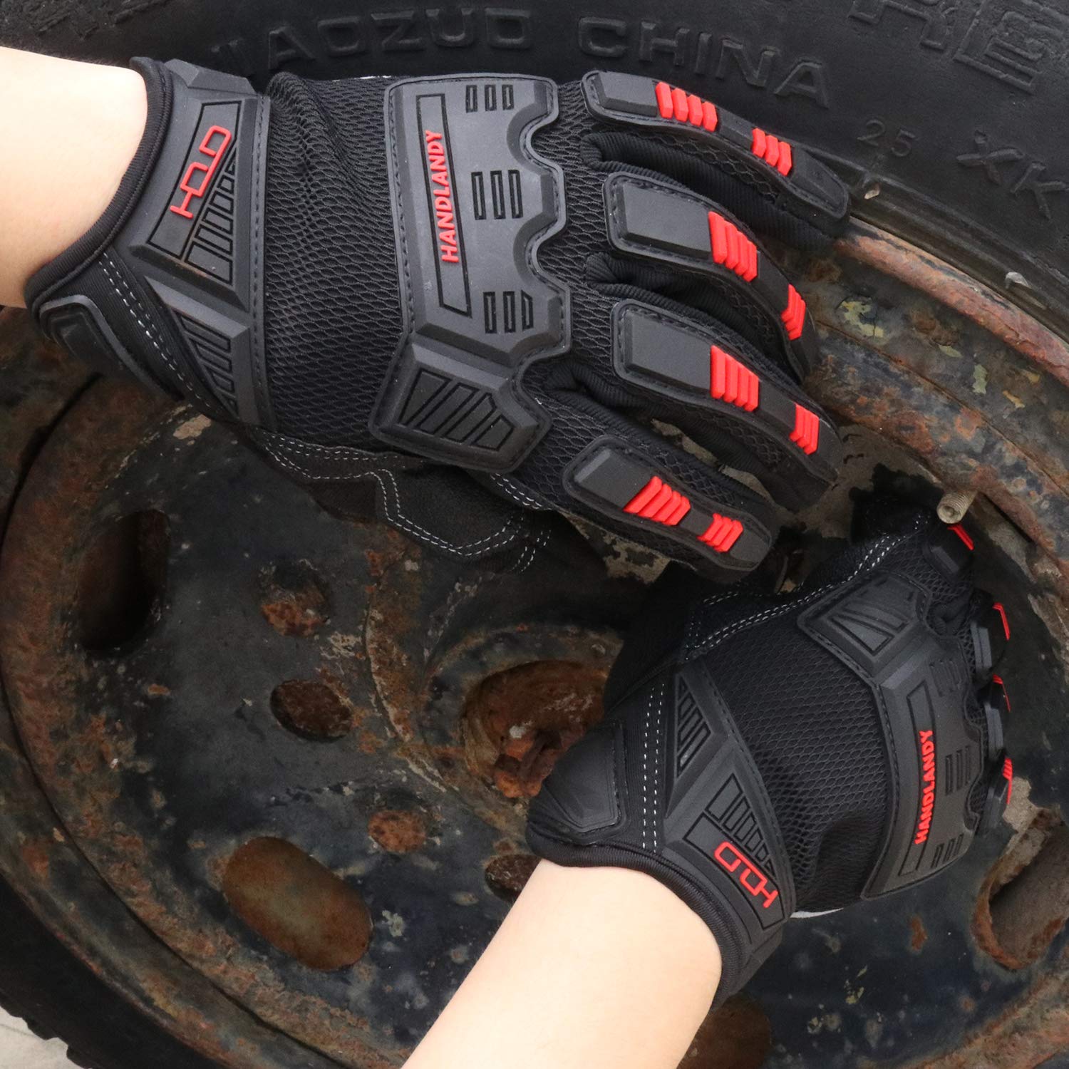 HANDLANDY Heavy Duty Work Gloves Men, Touchscreen TPR Impact Reducing Work Gloves, Non-Slip Breathable Mechanics Gloves (Medium)
