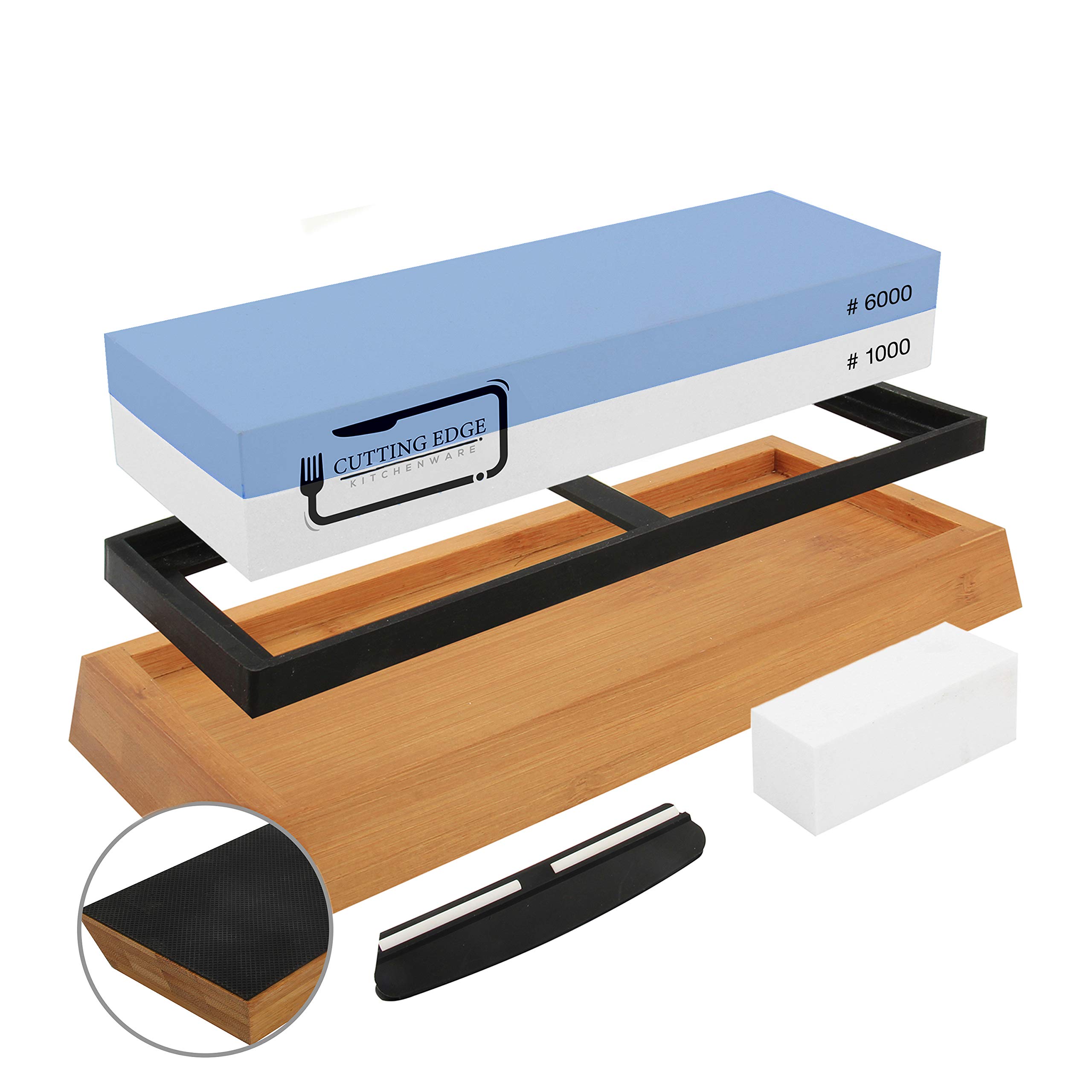 Cutting Edge Whetstones Knife Sharpening Stone 2 Side Grit 1000/6000 Waterstone | Chef knives Sharpener Stones Dual Sided Non Slip Bamboo Base | Angle Guide Flattening Water Stone for Home Kitchen