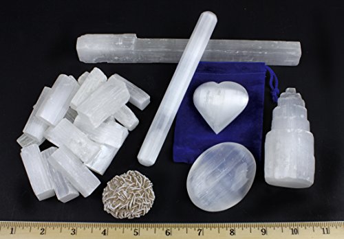 DANCING BEAR Selenite Protection Collection (22 pc Set): 12-15 Sticks (1.5-2”), Palm Stone, Heart, Tower, 8" Stick, 5.5" Massage Wand, and Desert Rose