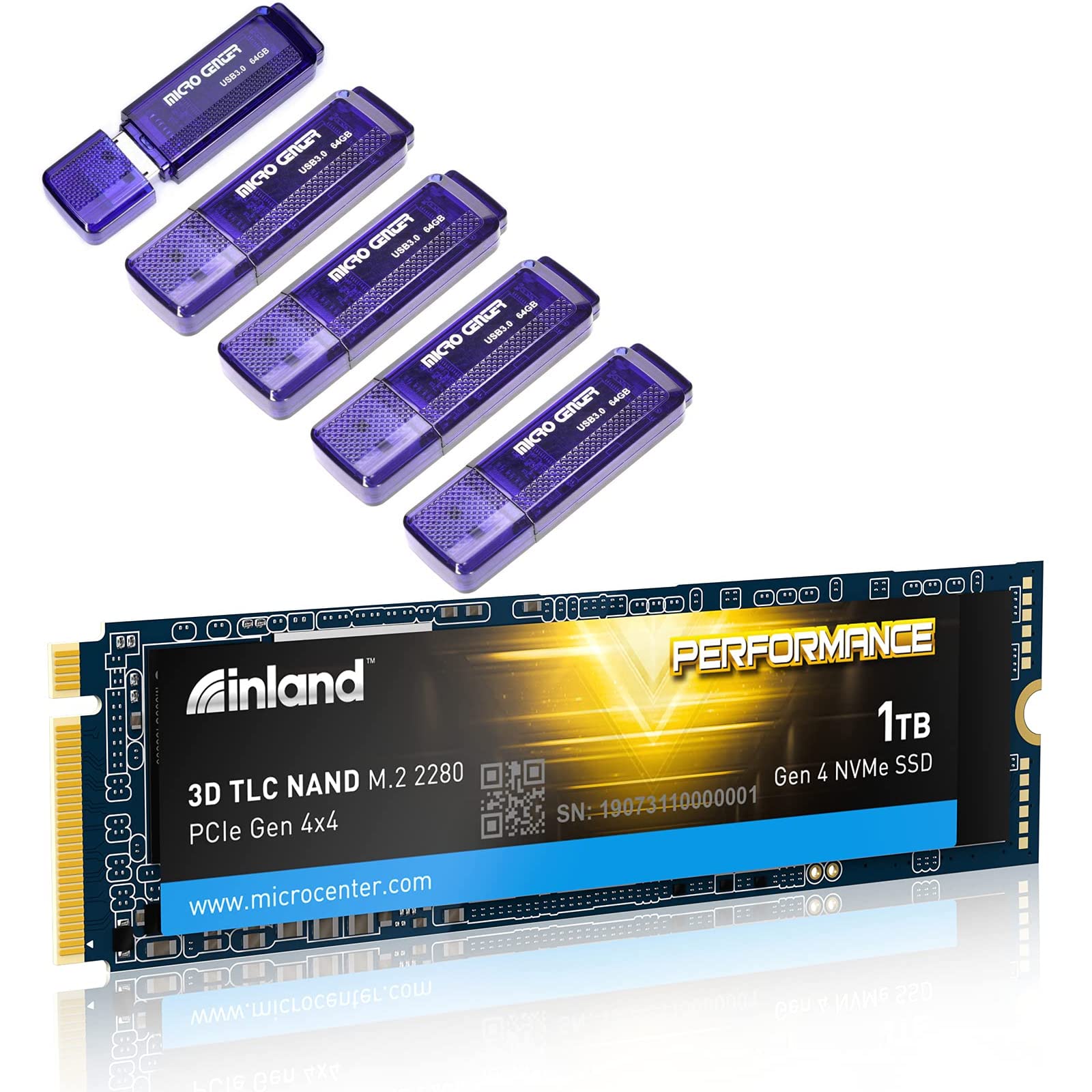 INLAND Micro Center 1TB PCIe Gen 4.0 NVMe 4 x4 SSD M.2 2280 TLC 3D NAND Internal Solid State Drive with 5 Pack 64GB USB 3.0 Flash Drive