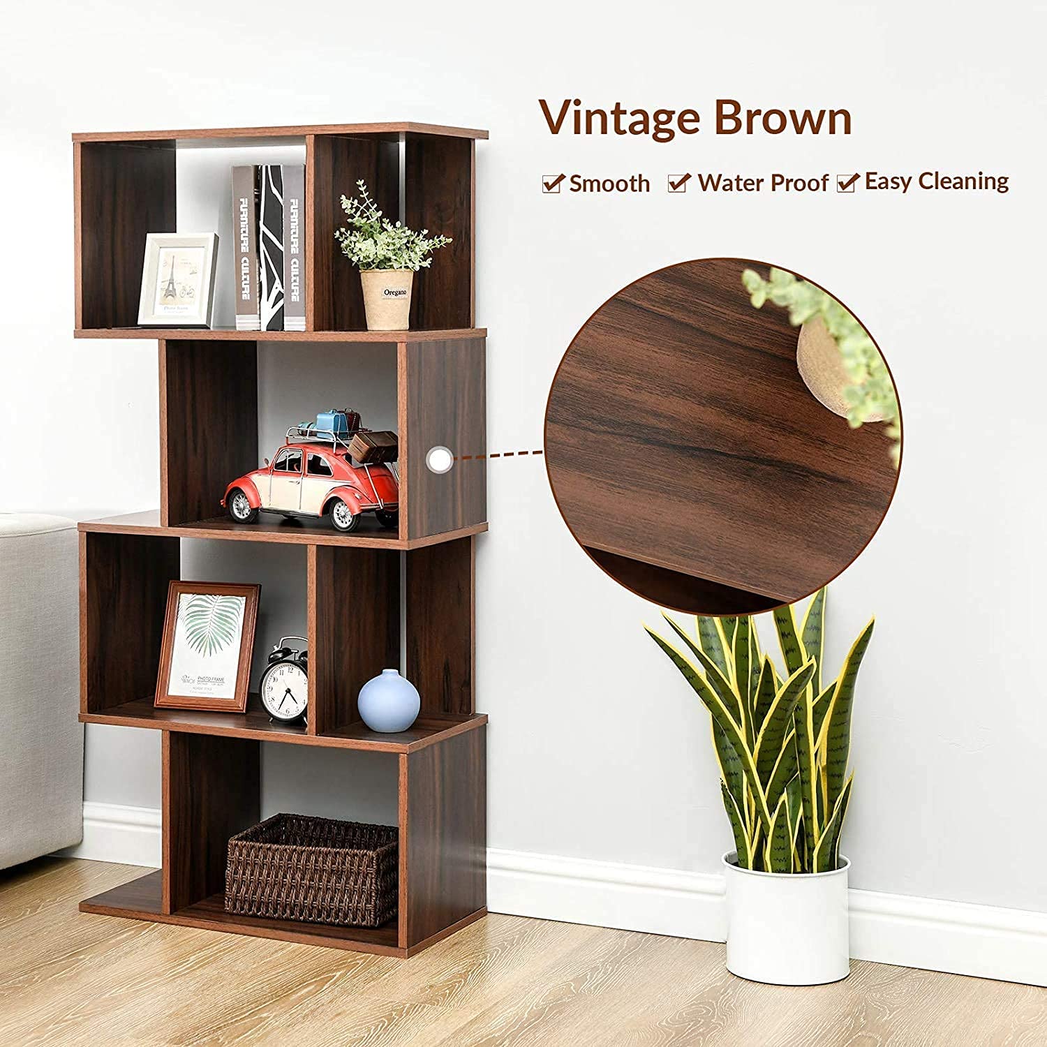 Coavas Rustic Bookcase Geometric Bookshelf Home Office Storage Shelves Vintage Display Shelf 4 Tiers Modern Organizer, Walnut