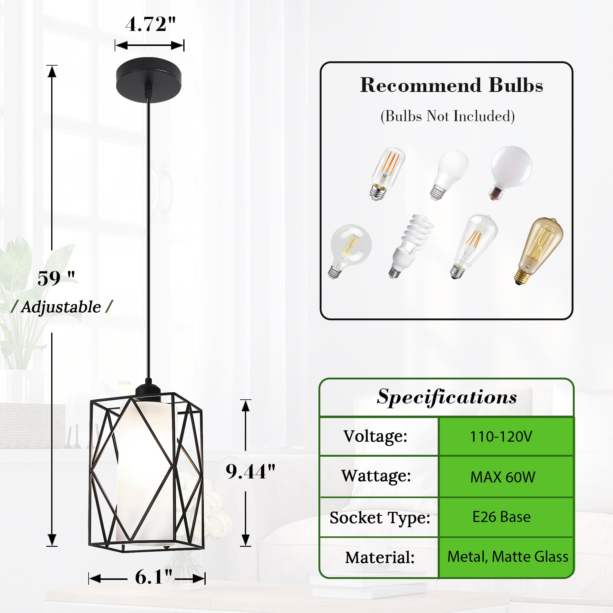 Corlaceling Modern Pendant Light Fixtures, Cage Frosted Glass Pendant Lights Kitchen Island, Pendant Lighting, 1 Pack, White Glass,1Pack