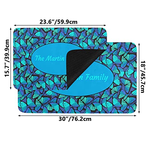 CUXWEOT Tropical Blue Butterflies Pattern Personalized Doormat Text Name Custom Indoor Outdoor Pet Mat Entrance Rugs Home Decor Welcome Door Mats 23.6 x 15.7 Inch