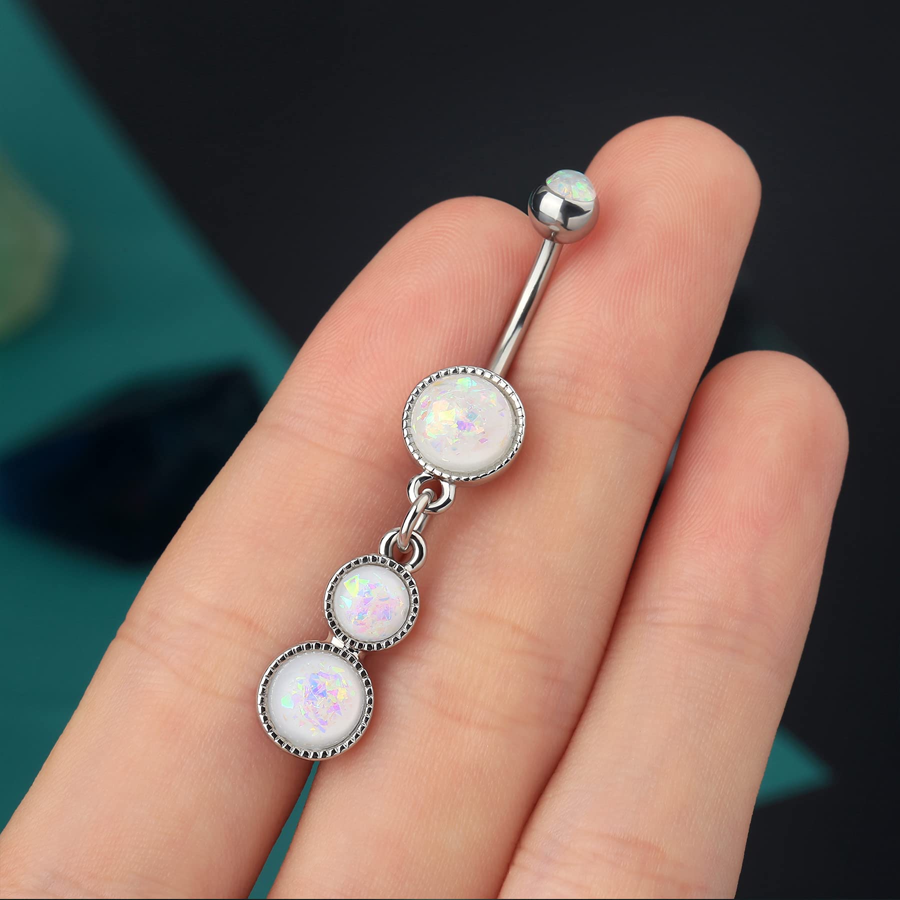 COCHARM 14g White Opal Belly Button Rings Surgical Steel Dangle Navel Rings for Women Dangly Navel Piercing Jewelry Dangling Belly Piercing Belly Bar