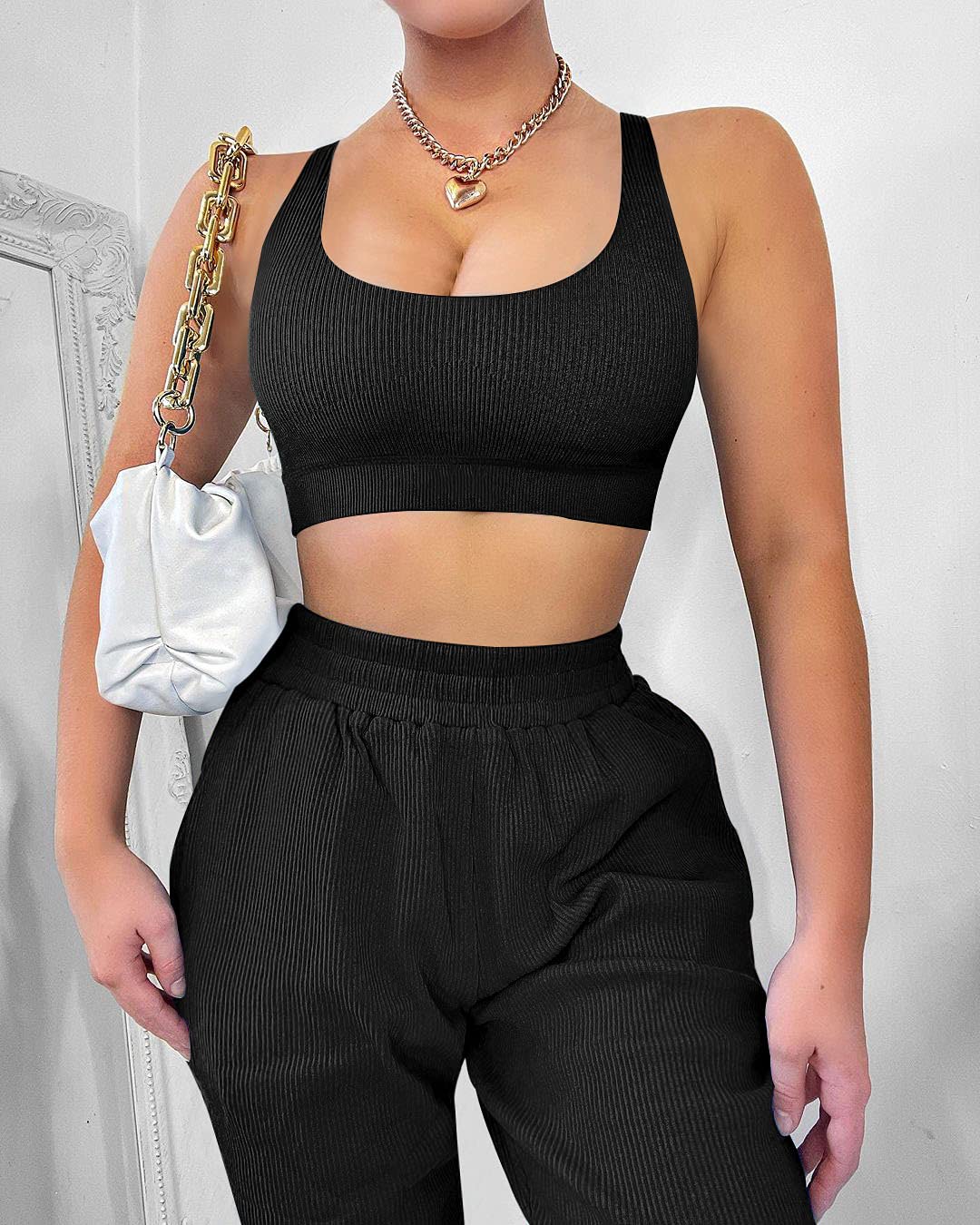 DERCA Two Piece Workout Outfits for Women Jogger Sweatpants Sets with Pockets Ribbed Sports Bra Gym Activewear (#1 Black,Medium)