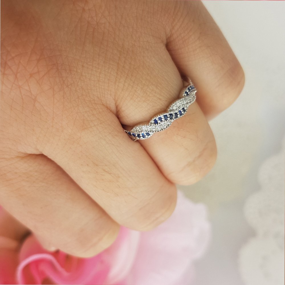 Dazzlingrock Collection 14K Round White Diamond & Blue Sapphire Women Anniversary Wedding Band Swirl Ring, White Gold, Size 6.5
