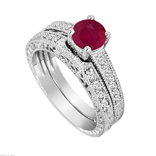 Elegant Touch 925 Sterling Silver Women Wedding Engagement Ring Band Bridal Set Round Red Created Ruby 14K White Gold Plated (6.5)