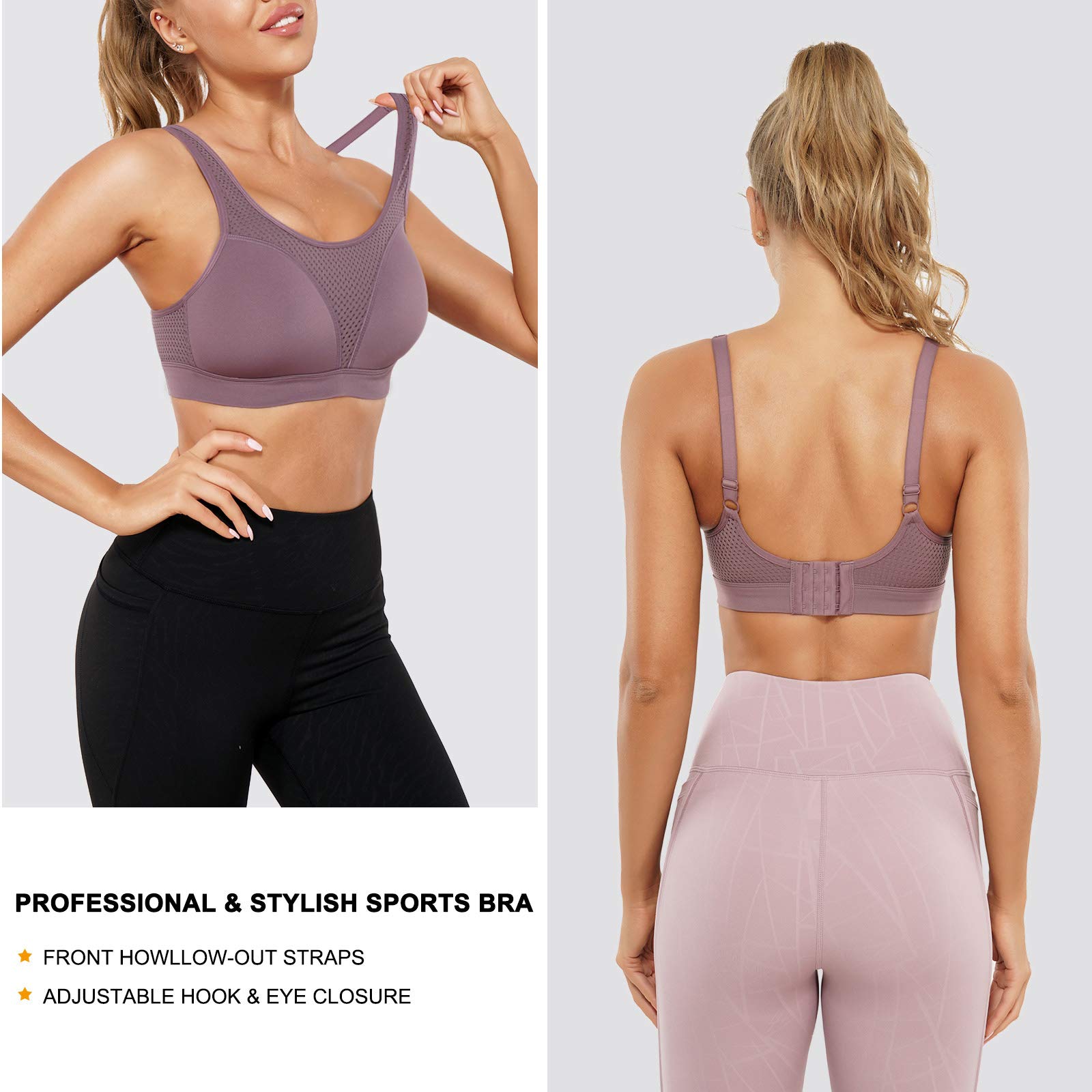 CYDREAM Women Sports Bra High Impact Full Support Bounce Control Adjustable Straps Hooks Wireless Workout Fitness (3X-Large, Purple)