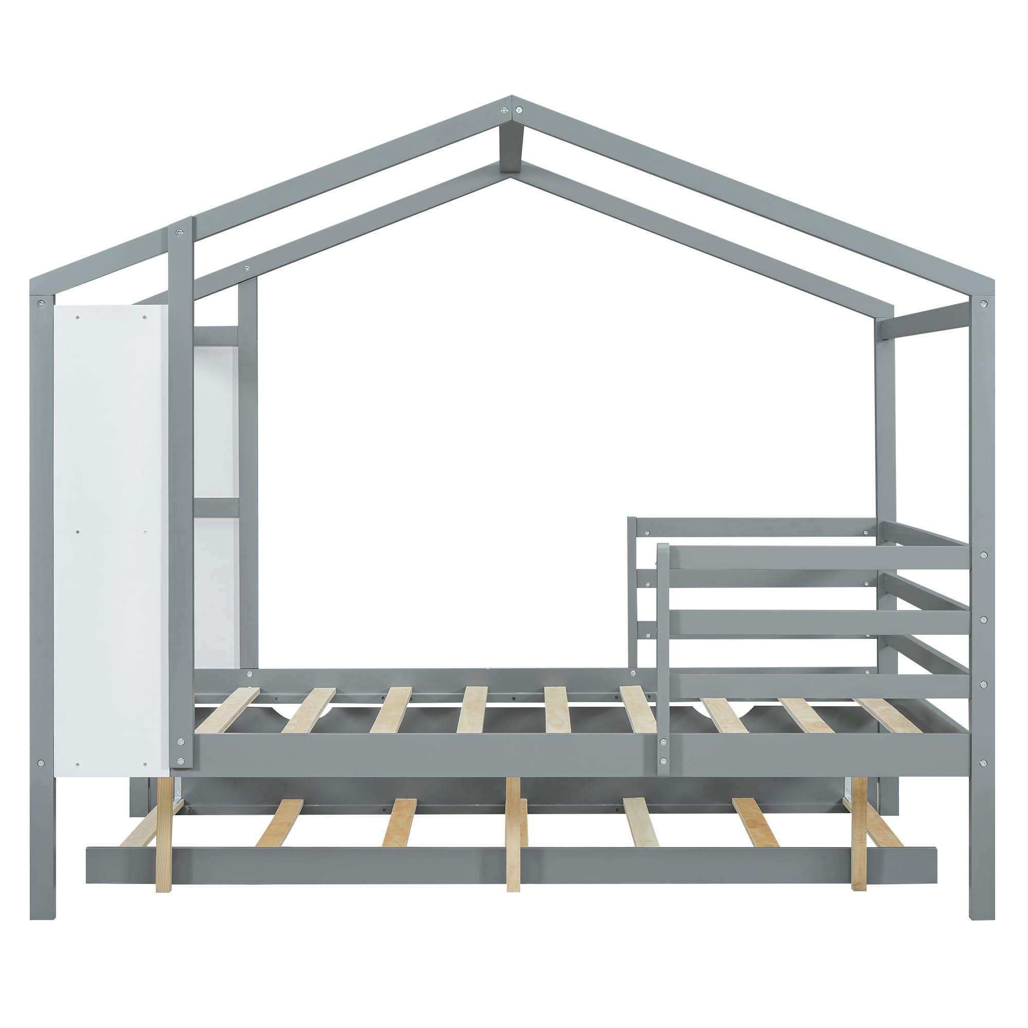 Merax Full Size Wood House Bed with Fence and Writing Board,House Bed with Trundle, White