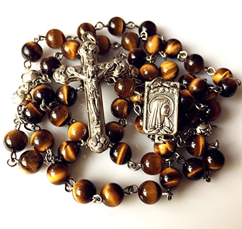 elegantmedical CATHOLIC Tiger Eye & Silver Rose Beads ROSARY CROSS crucifix necklace