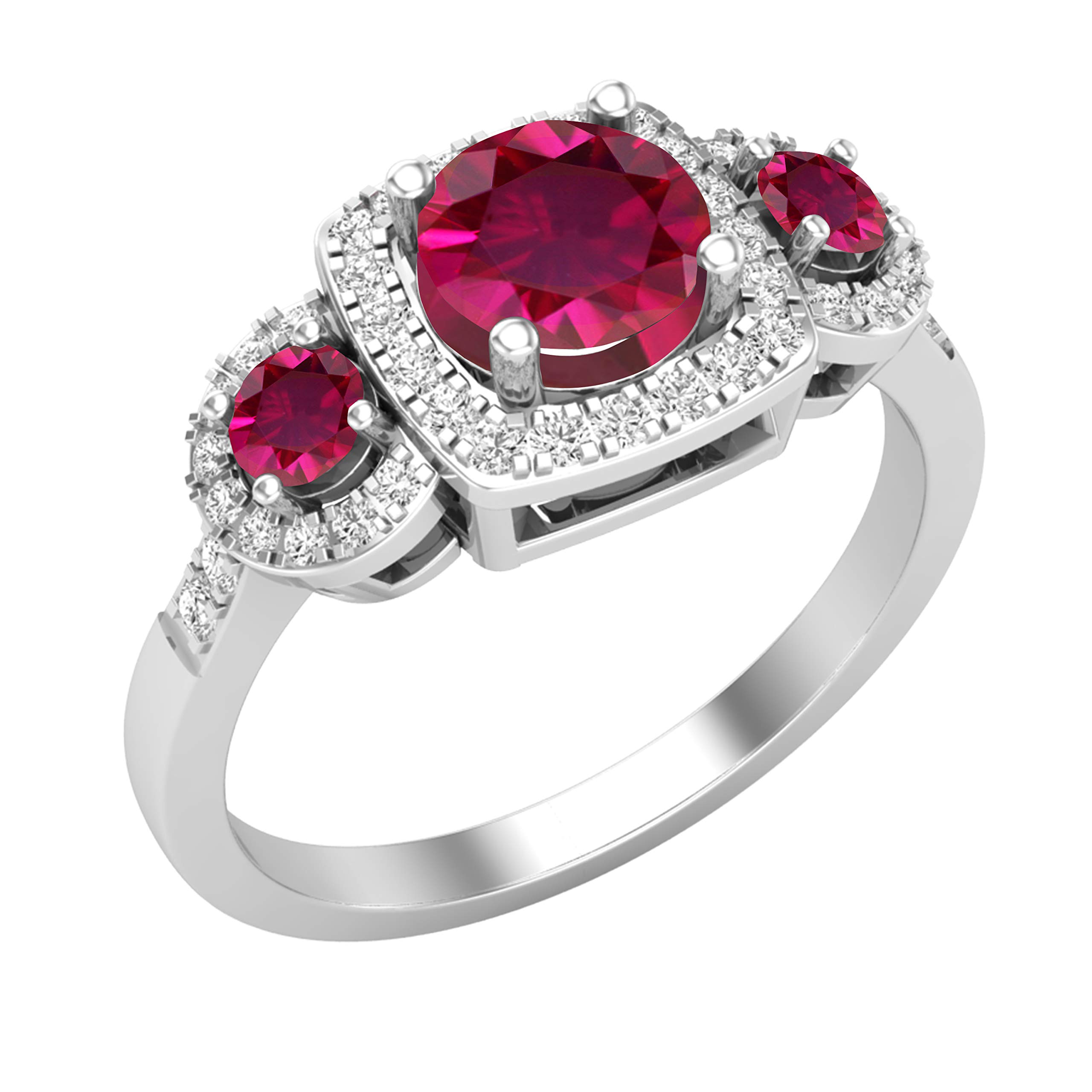 Dazzlingrock Collection Round Lab Created Ruby & Natural White Diamond Women 3 Stone Halo Style Engagement Ring, Sterling Silver, Size 8.5