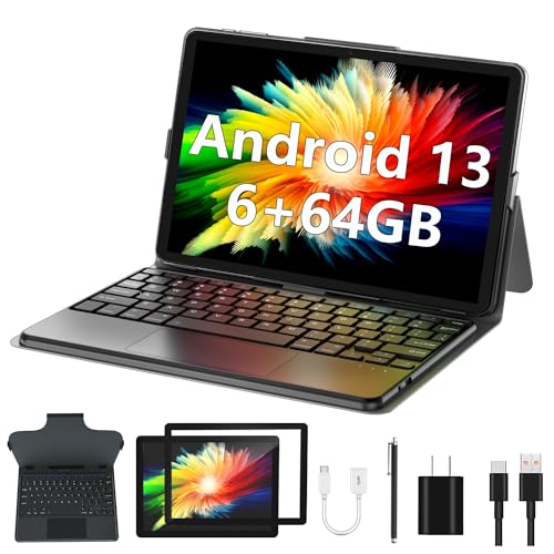EHFiDC Android 13Tablet 2 in 1 Tablet, 10 inch Android 13 Tablet 6GB+64GB with Keyboard, Tablets with Case Stylus,1TB Expandable Dual Camera, WiFi, Bluetooth, GMS Certified Tablet PC (Black)