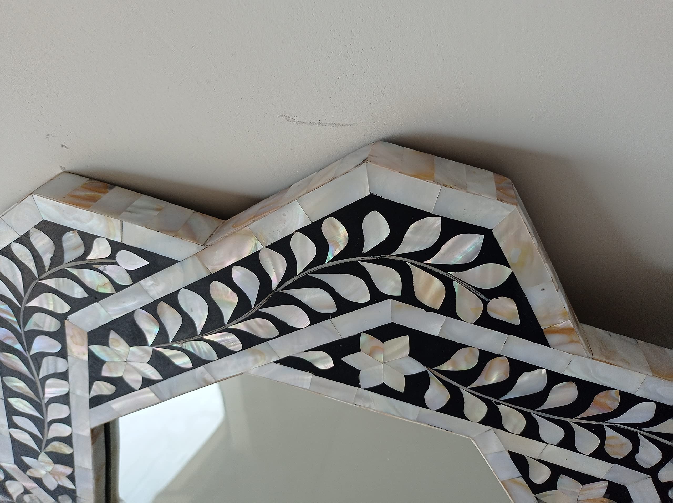 Handmade Mother Of Pearl Inlay Hexagonal Black Floral Pattern Mirror Frame | Handmade MOP Inlay Mirror Frame For Home Decor