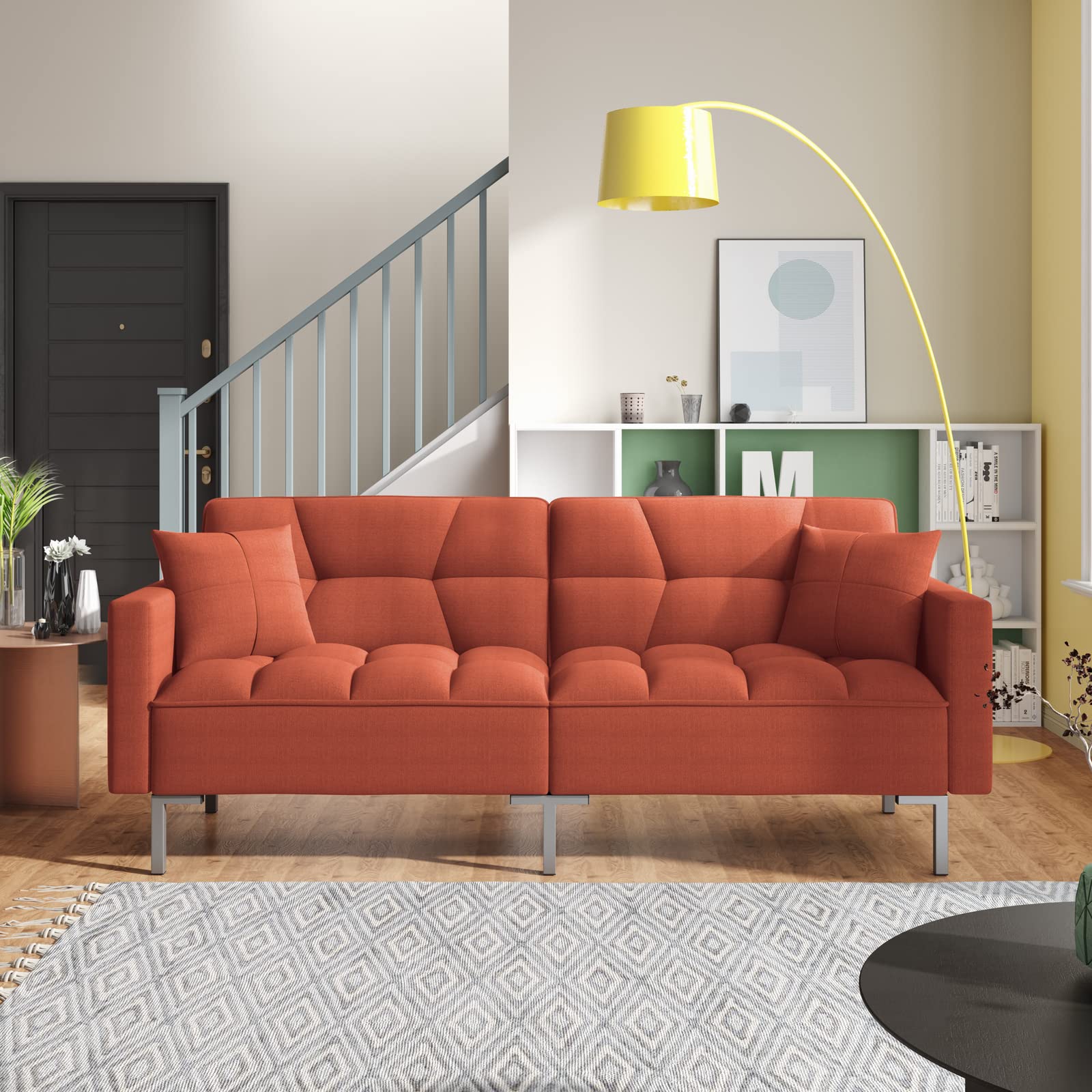 DEEF Linen Upholstered Modern Convertible Folding Futon Sofa Bed for Compact Living Space Apartment Dorm,Two Seat,Orange
